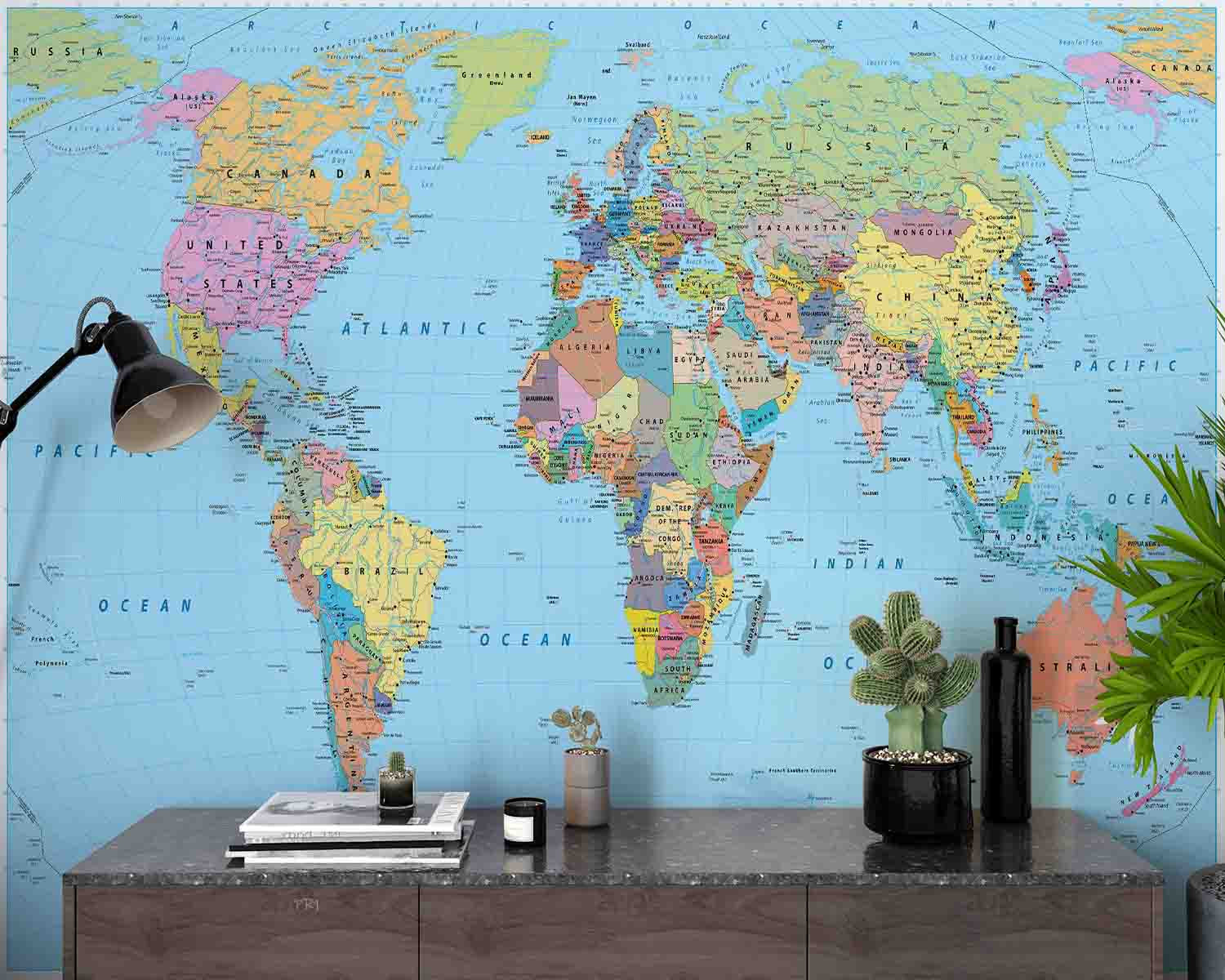 3D Detailed World Map Blue Ocean Wall Mural Wallpaper GD 3682 ...