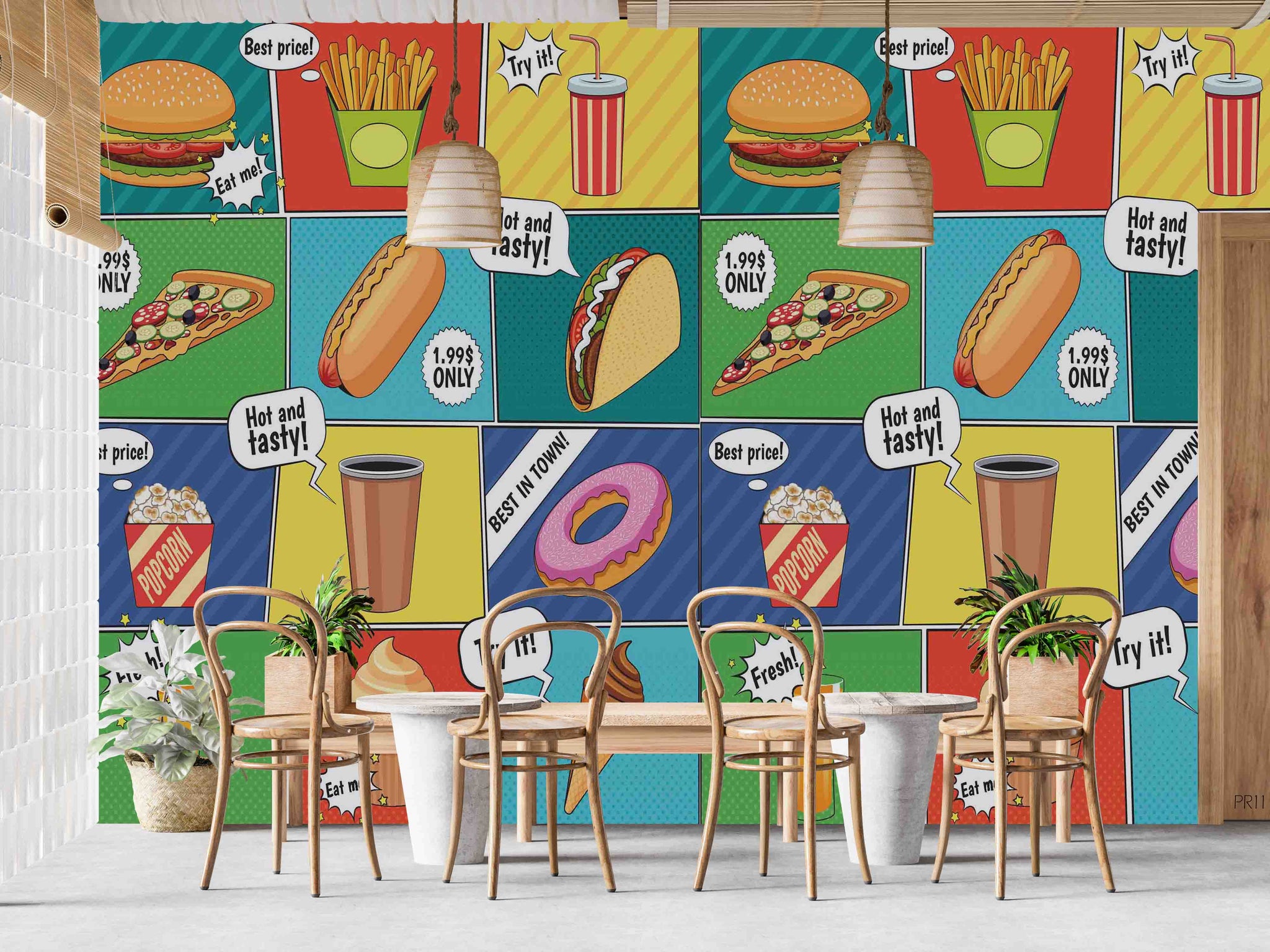 3D Fast Food Comic Colorful Background Advertising Poster Wall Mural W ...