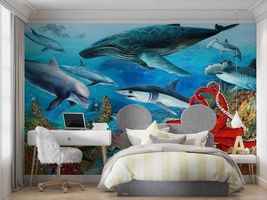 3D Underwater World Whale Squid Turtle Wall Mural Wallpaper GD 4534 ...