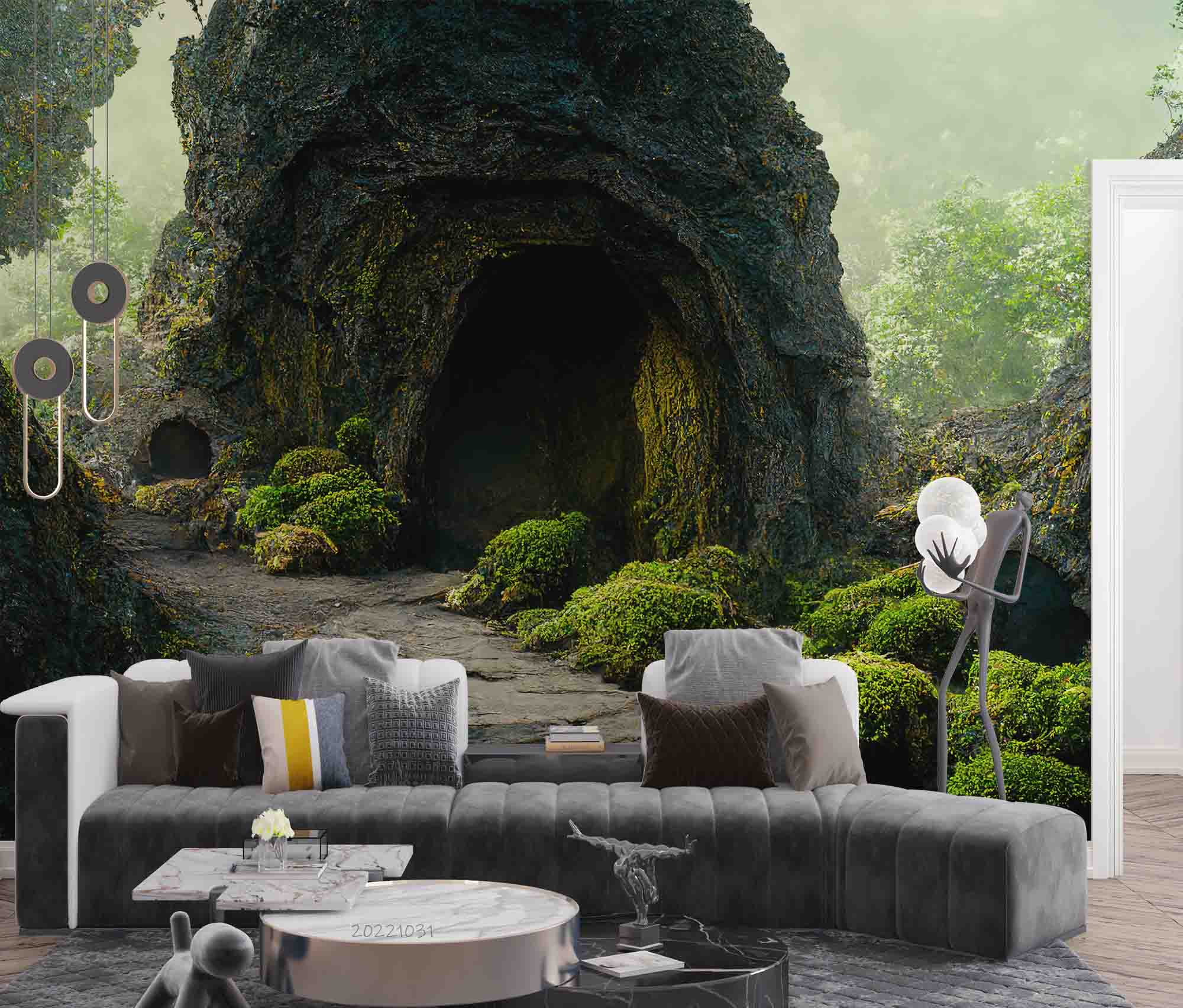 3D Mysterious Deep Cave Old Mountain Stone Road Forest Wall Mural Wall ...