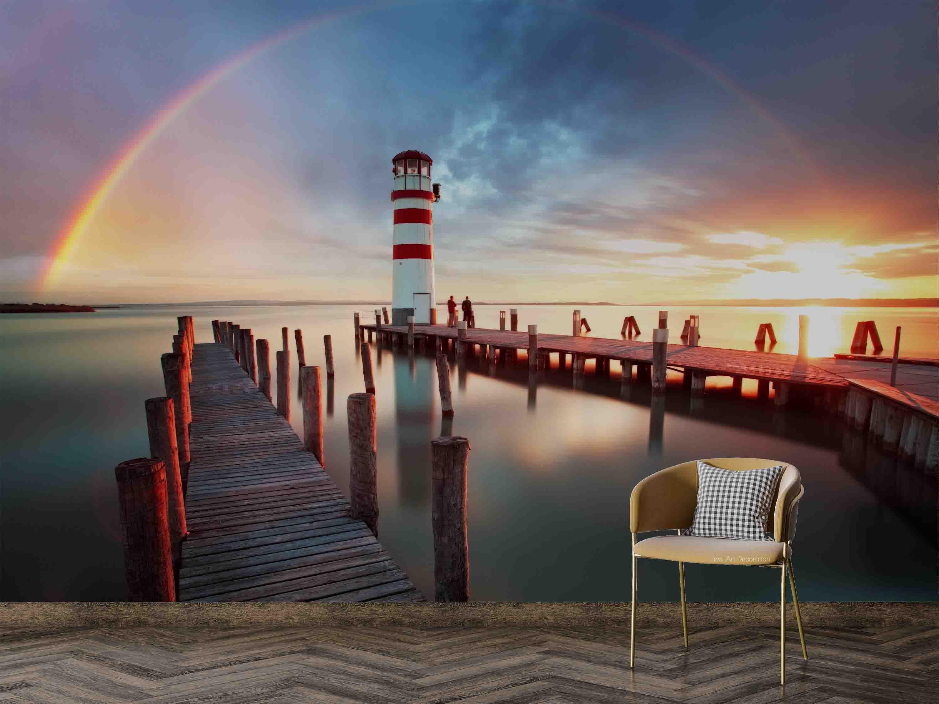 3D Seaside Boardwalk Lighthouse Rainbow Sunshine Sea Skyline Wall Mural ...