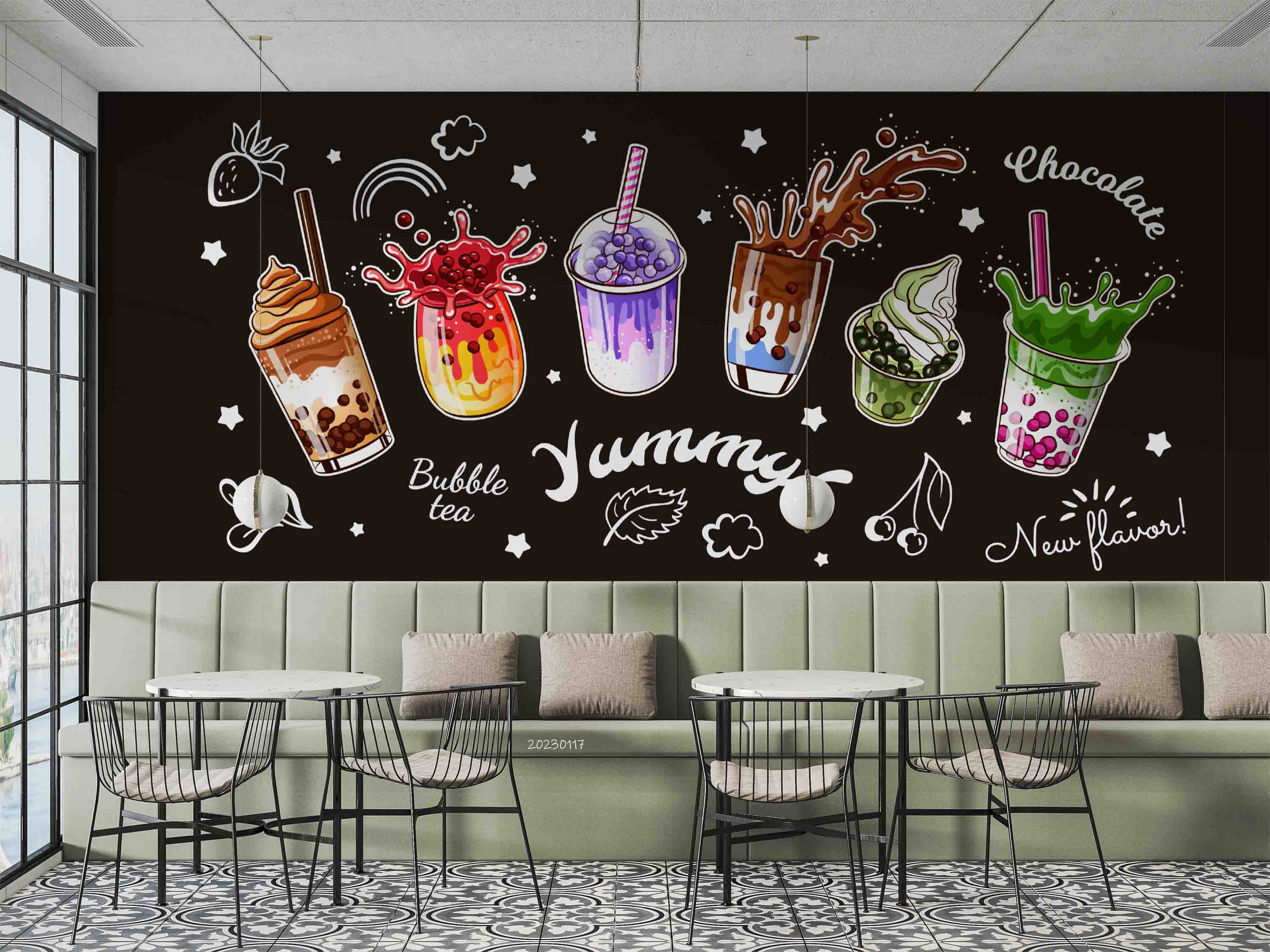 3D Black Background Bubble Tea Pearl Tea Milk Tea Shop Wall Mural ...