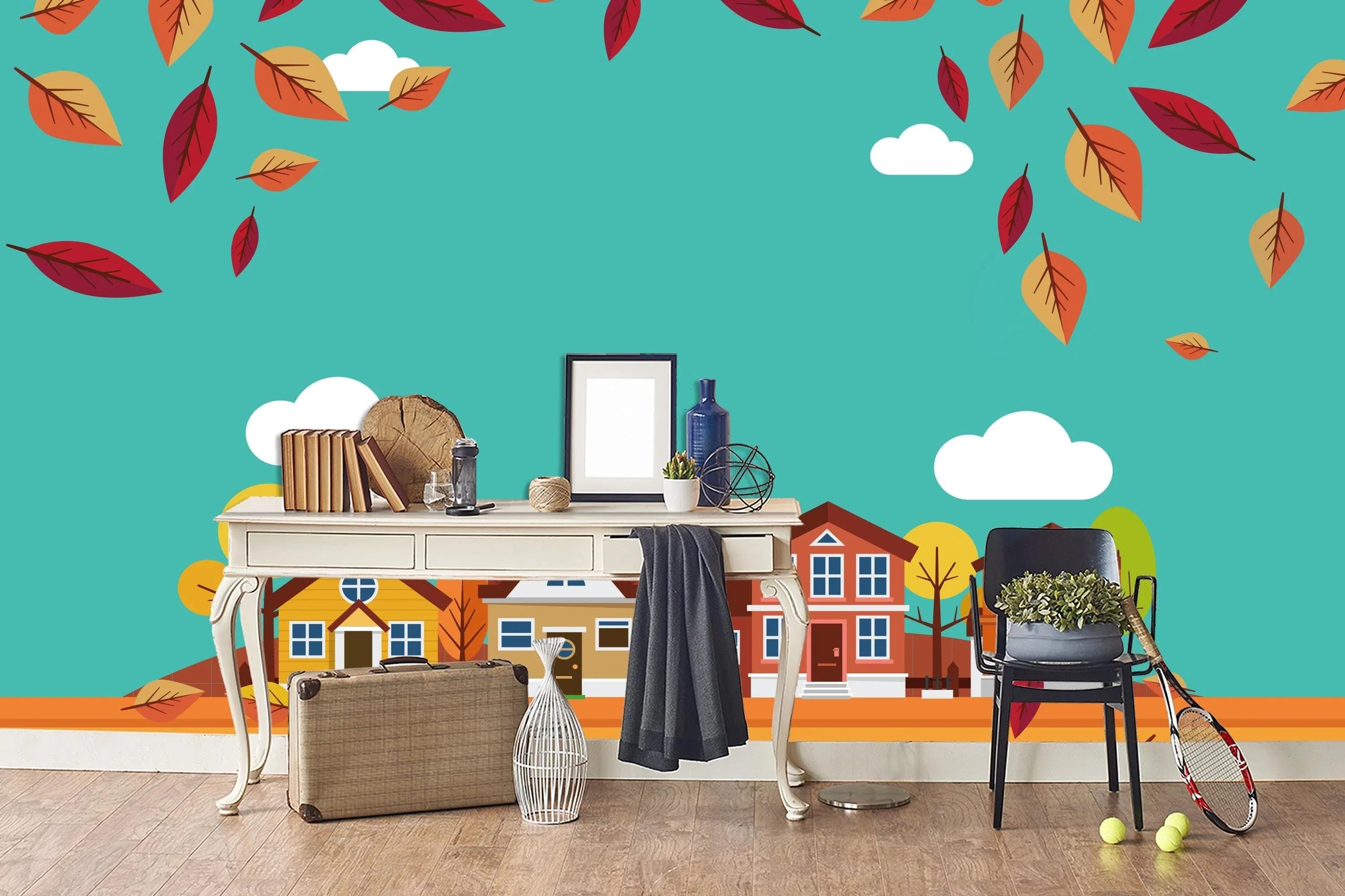 3D blue cartoon house trees leaves wall mural wallpaper 19 ...