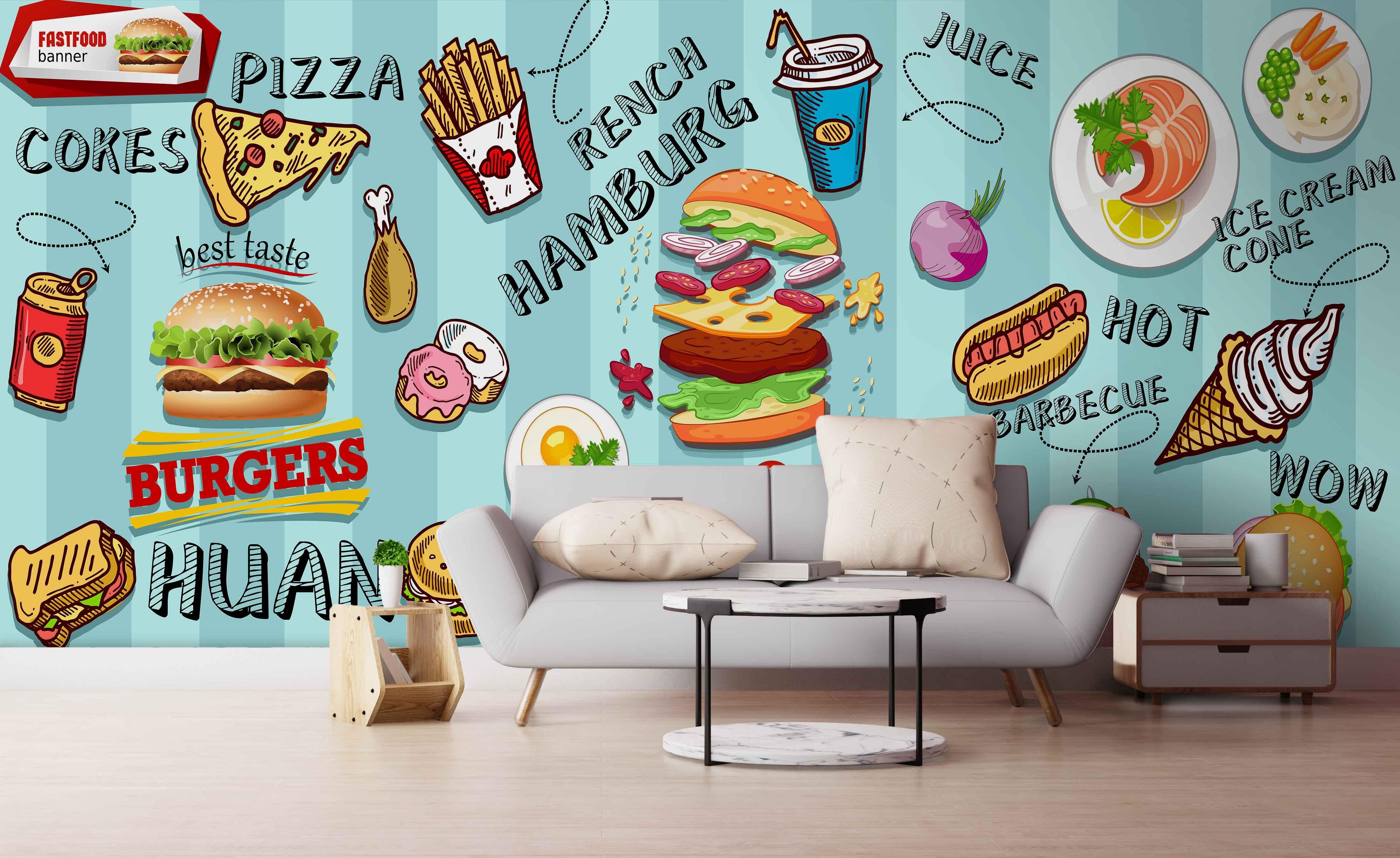 3D Burger Fast Food Wall Mural Wallpaper LQH 6 – Jessartdecoration