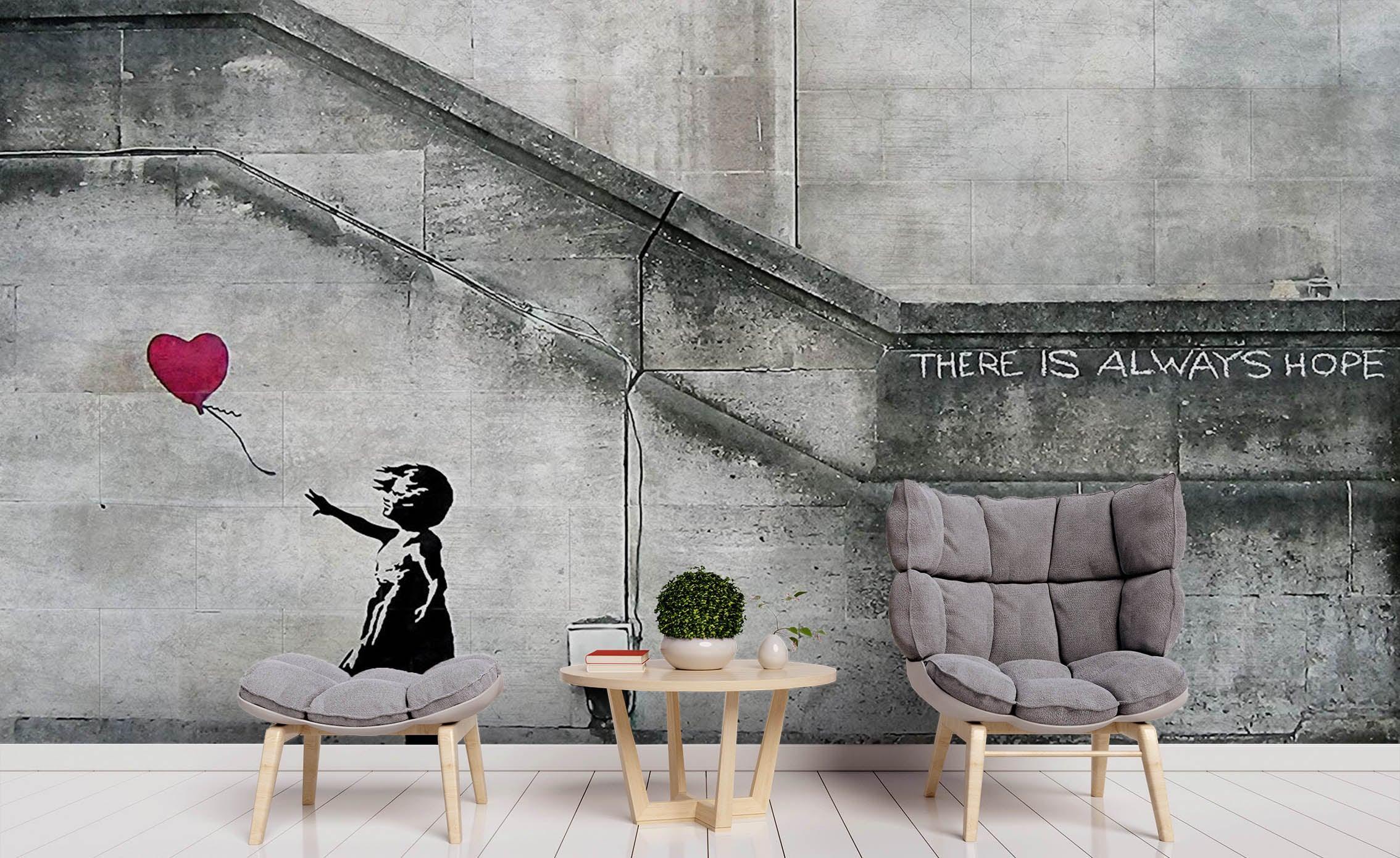 3D Gray Graffiti Banksy Girl Balloon Wall Mural Wallpaper SF25 ...