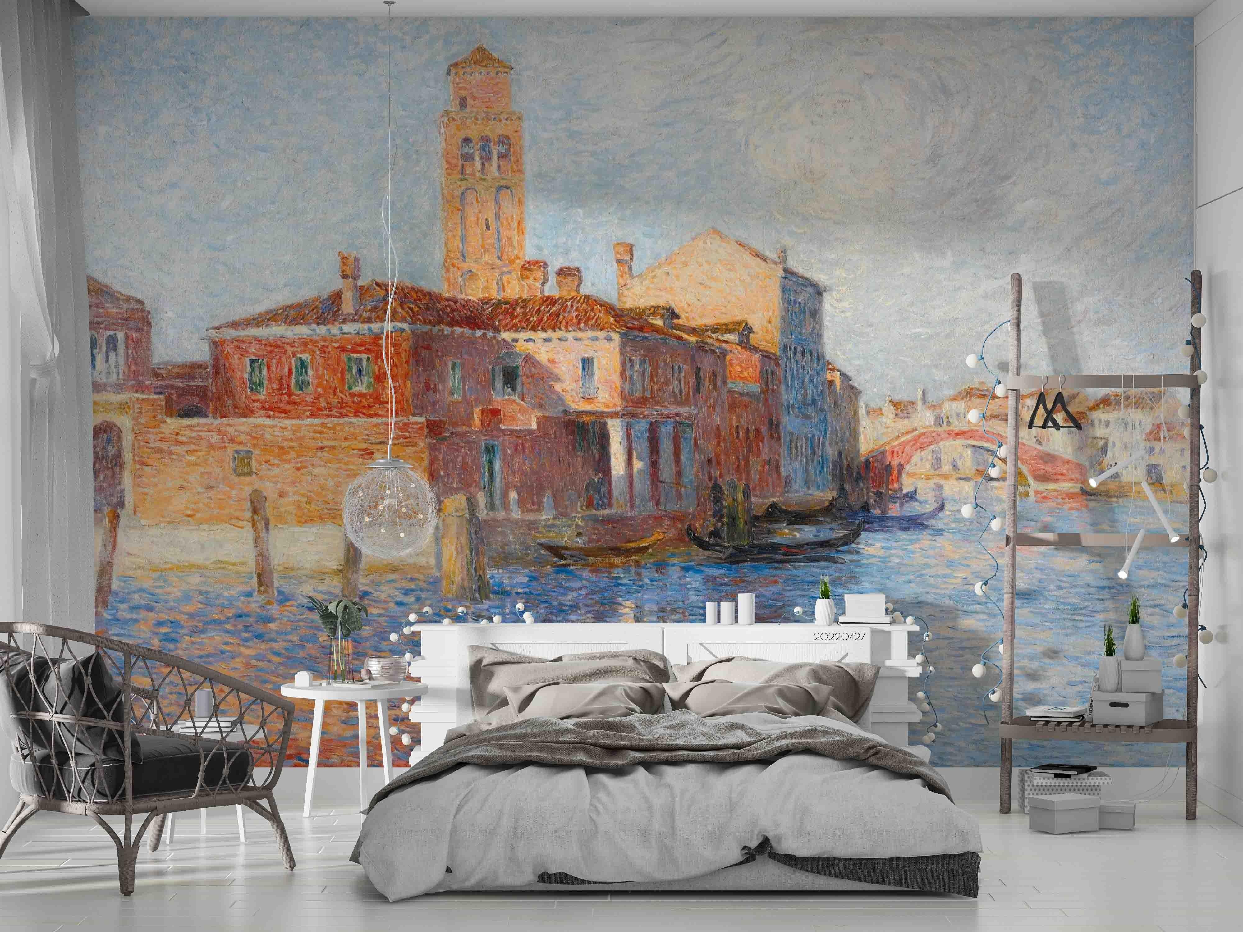 3D City Building River Landscape Oil Painting Wall Mural Wallpaper GD ...