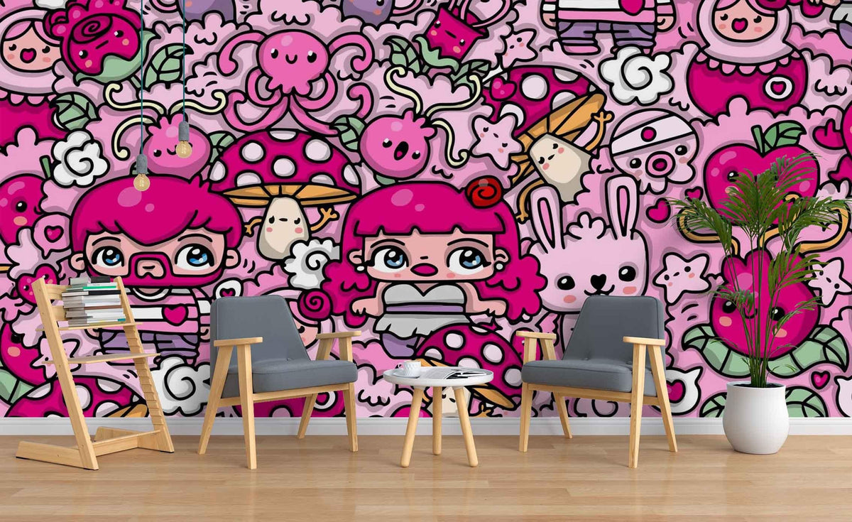 3D Pink Cartoon Graffiti Wall Mural Wallpaper sww 23 | Jessartdecoration