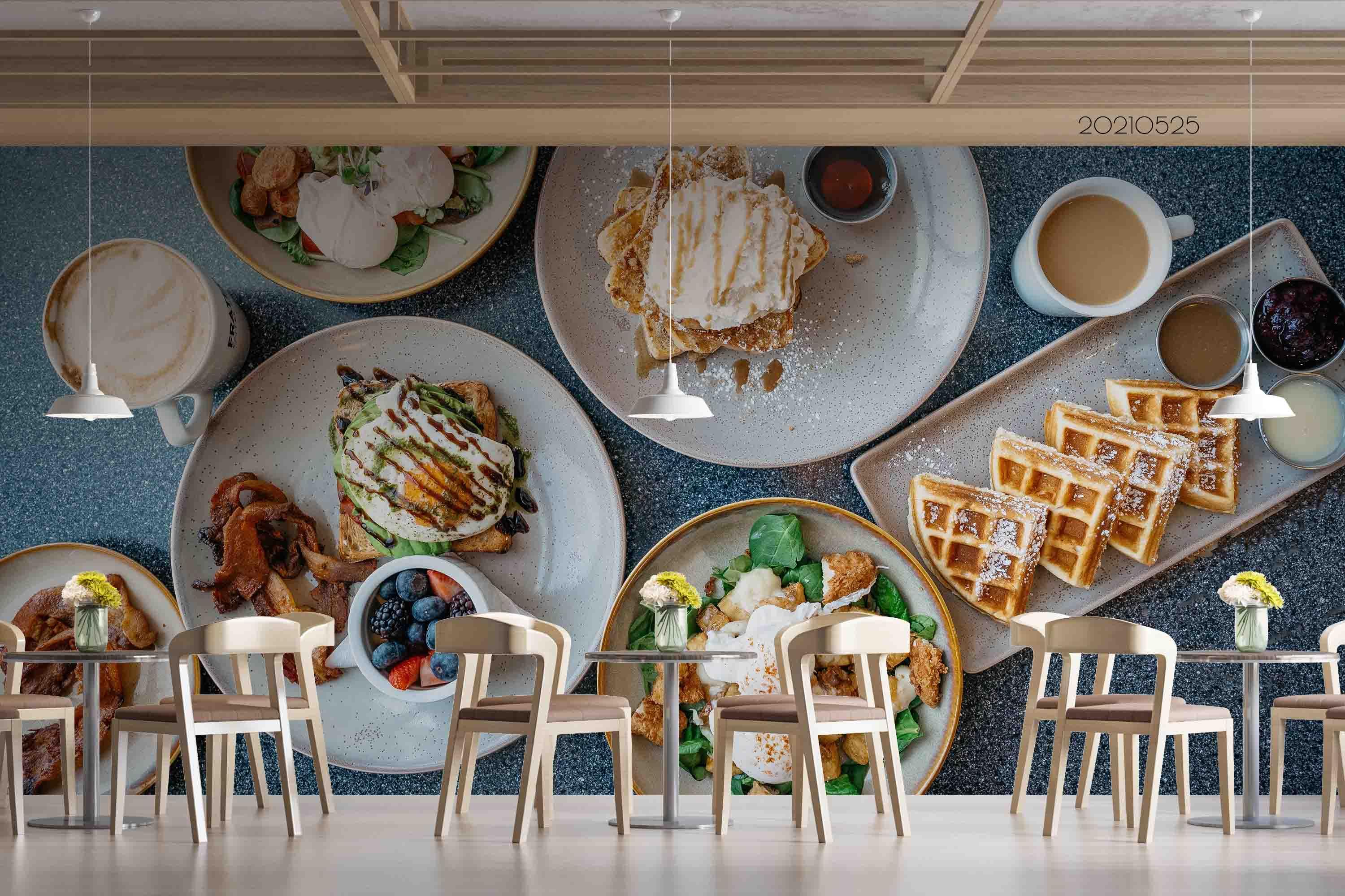 3D Cofee Salad Fruits Waffle Beef Steak Afternoon Tea Wall Mural Wallp ...