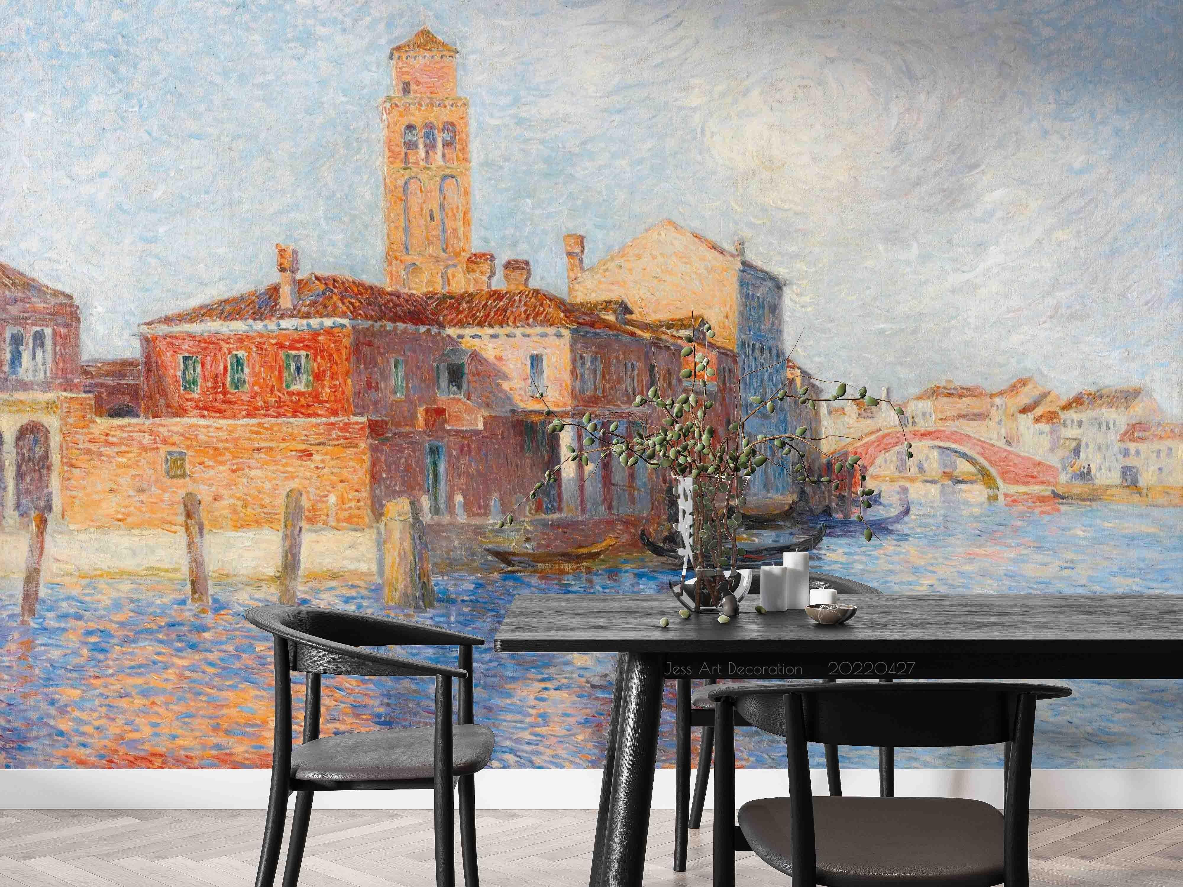 3D City Building River Landscape Oil Painting Wall Mural Wallpaper GD ...