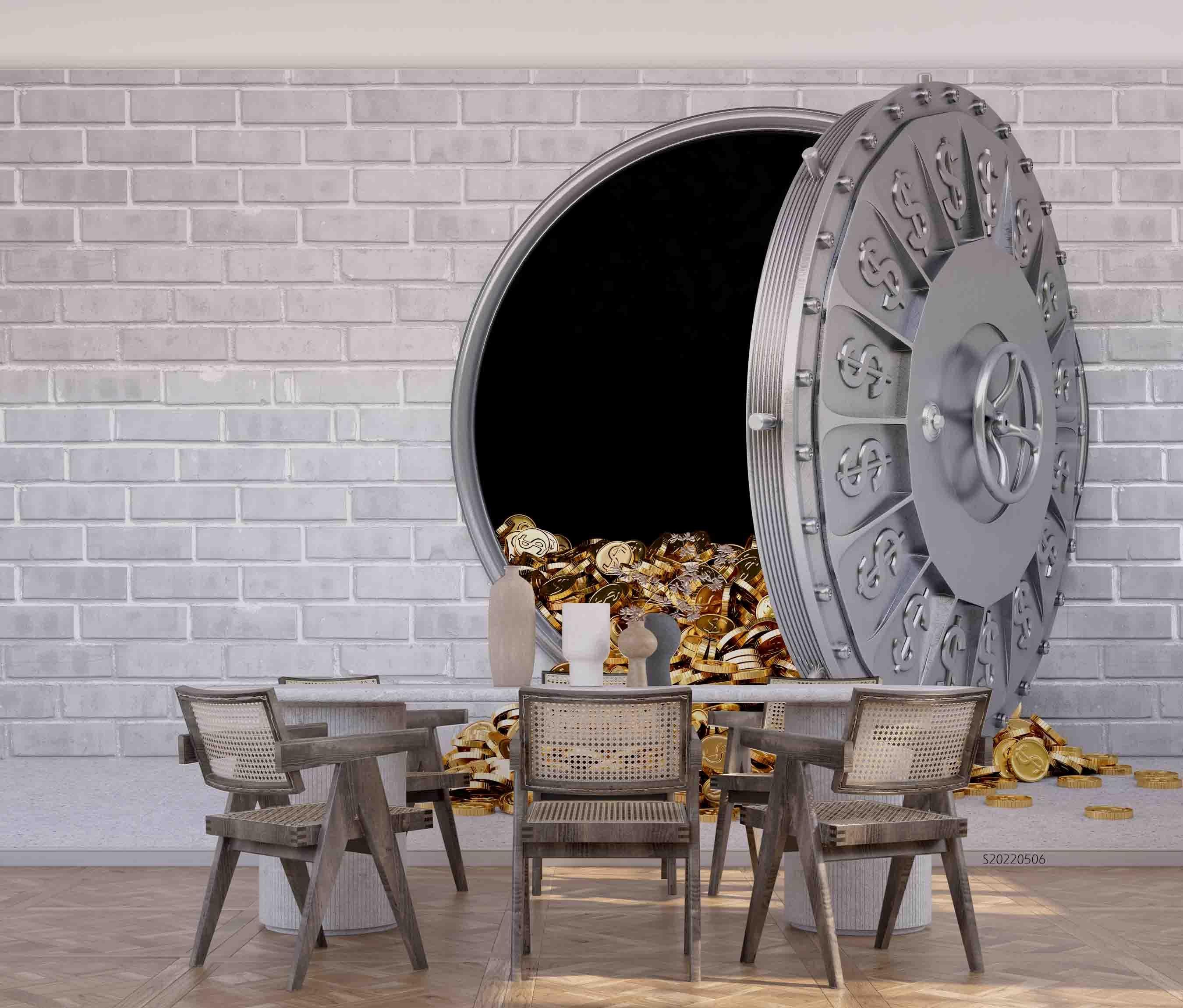 3D Brick Wall Metal Door Gold Coin Wall Mural Wallpaper GD 4715 ...