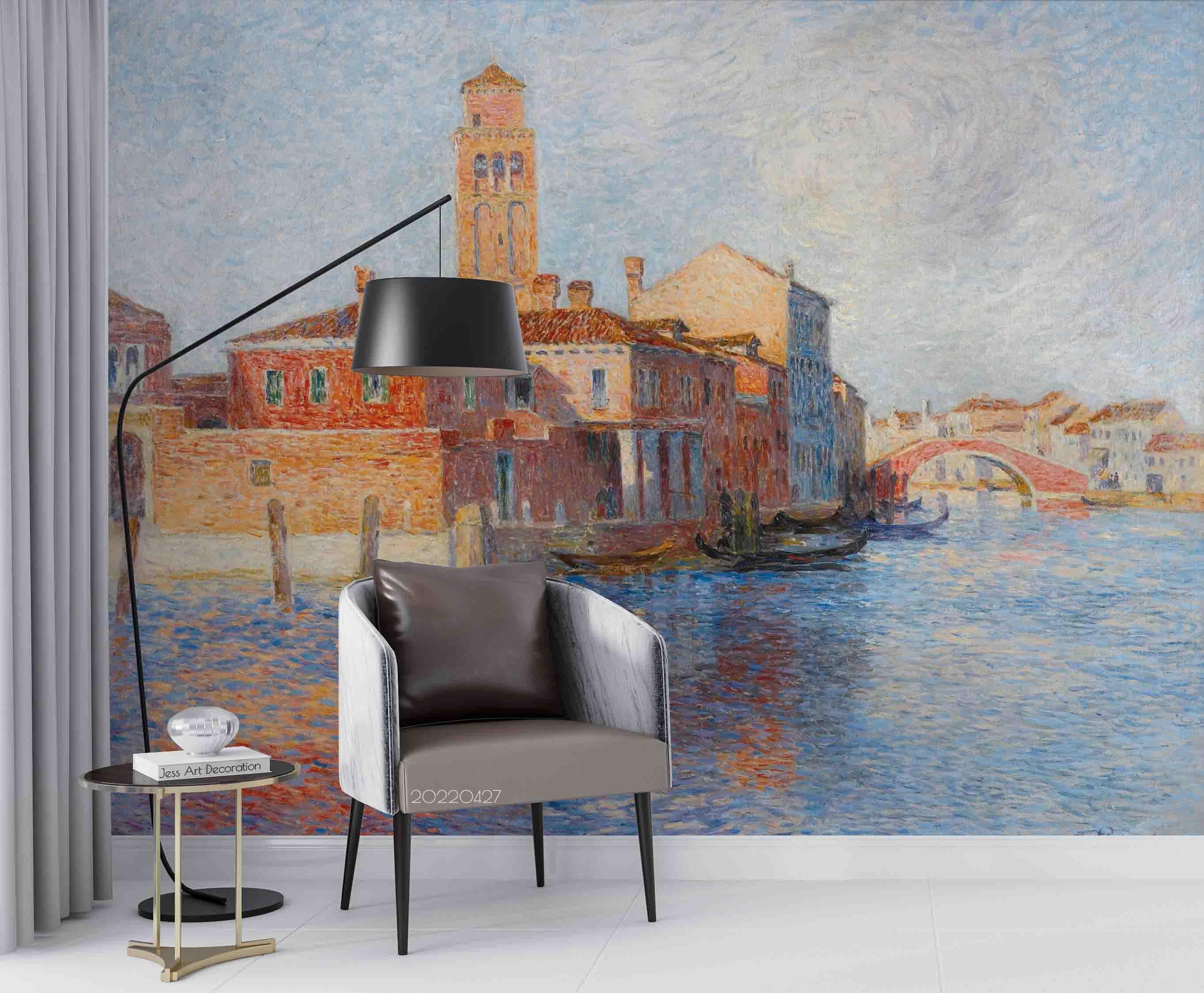3D City Building River Landscape Oil Painting Wall Mural Wallpaper GD ...