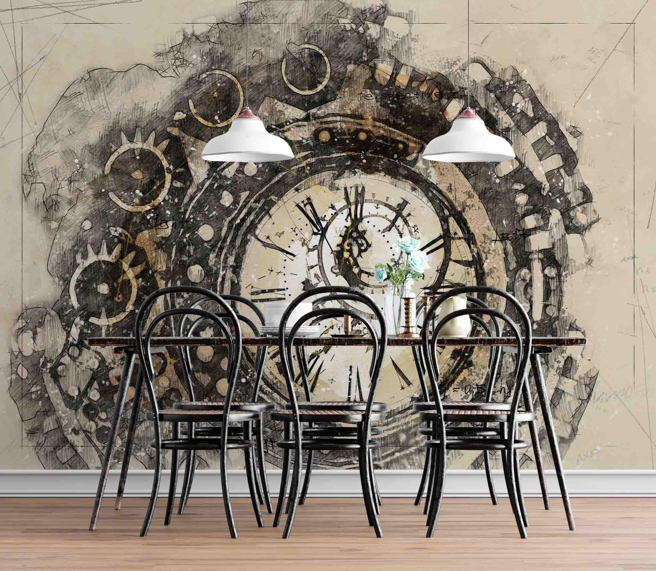 3D Hand Draw Retro Clock Wall Mural Wallpaper sww 155 – Jessartdecoration