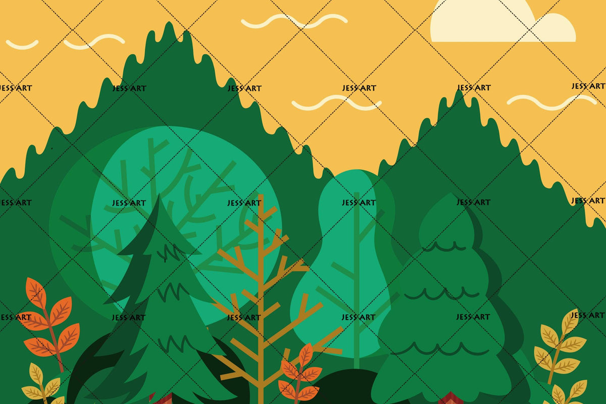 3D yellow green cartoon landscape mountains trees wall mural wallpaper ...