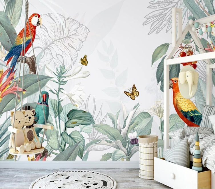 3D Retro Tropical Leaves Parrot Wall Mural Removable 108 ...