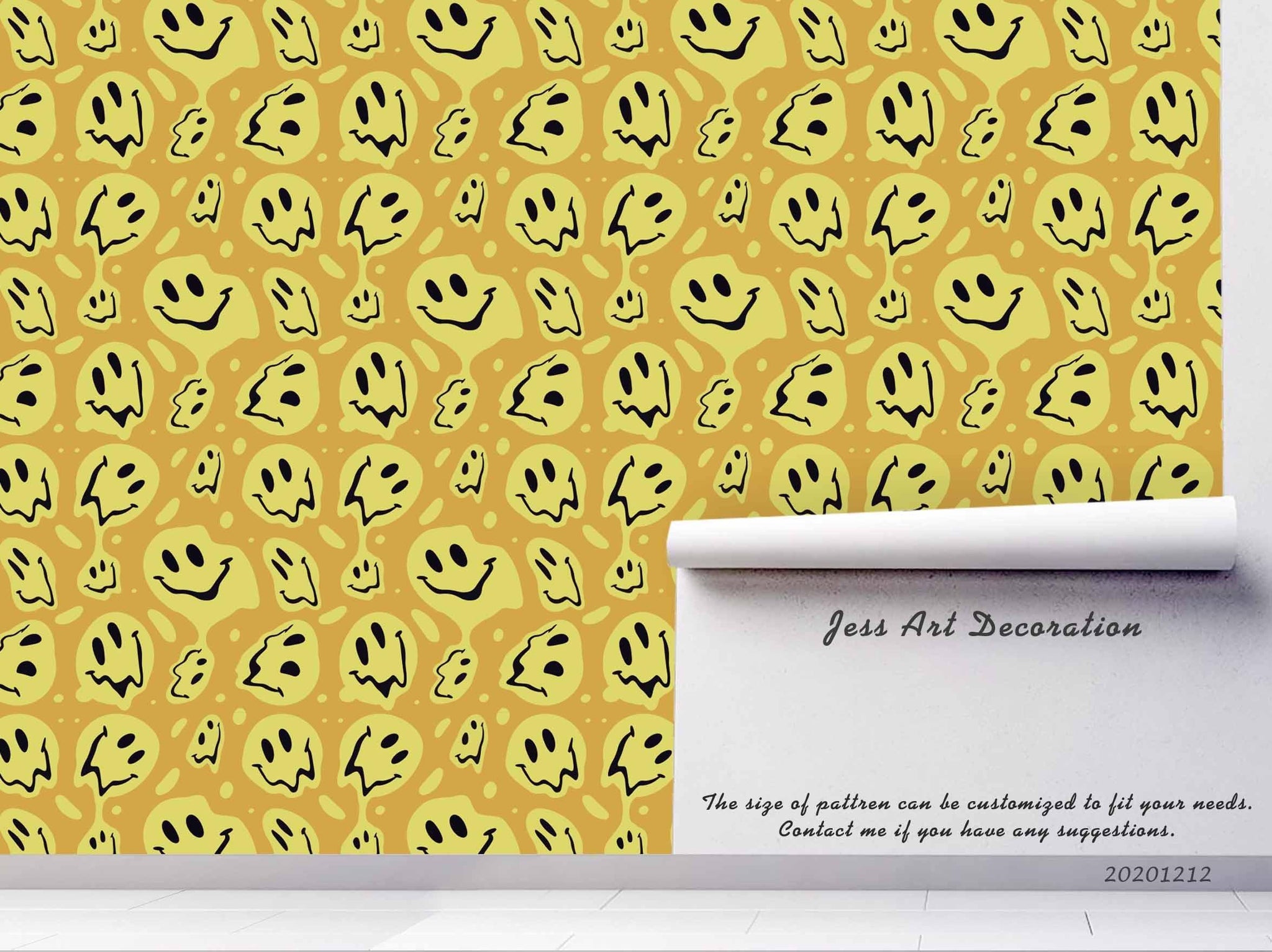 3D Cartoon Distorted Smile Emoticon Design Pattern Yellow Wall Mural W ...