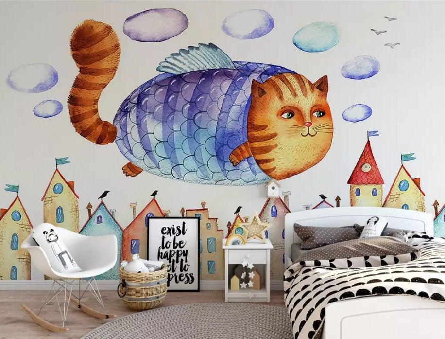 3D Kids, Cartoon, Flying, Fat cat Wallpaper-Nursery | Jessartdecoration